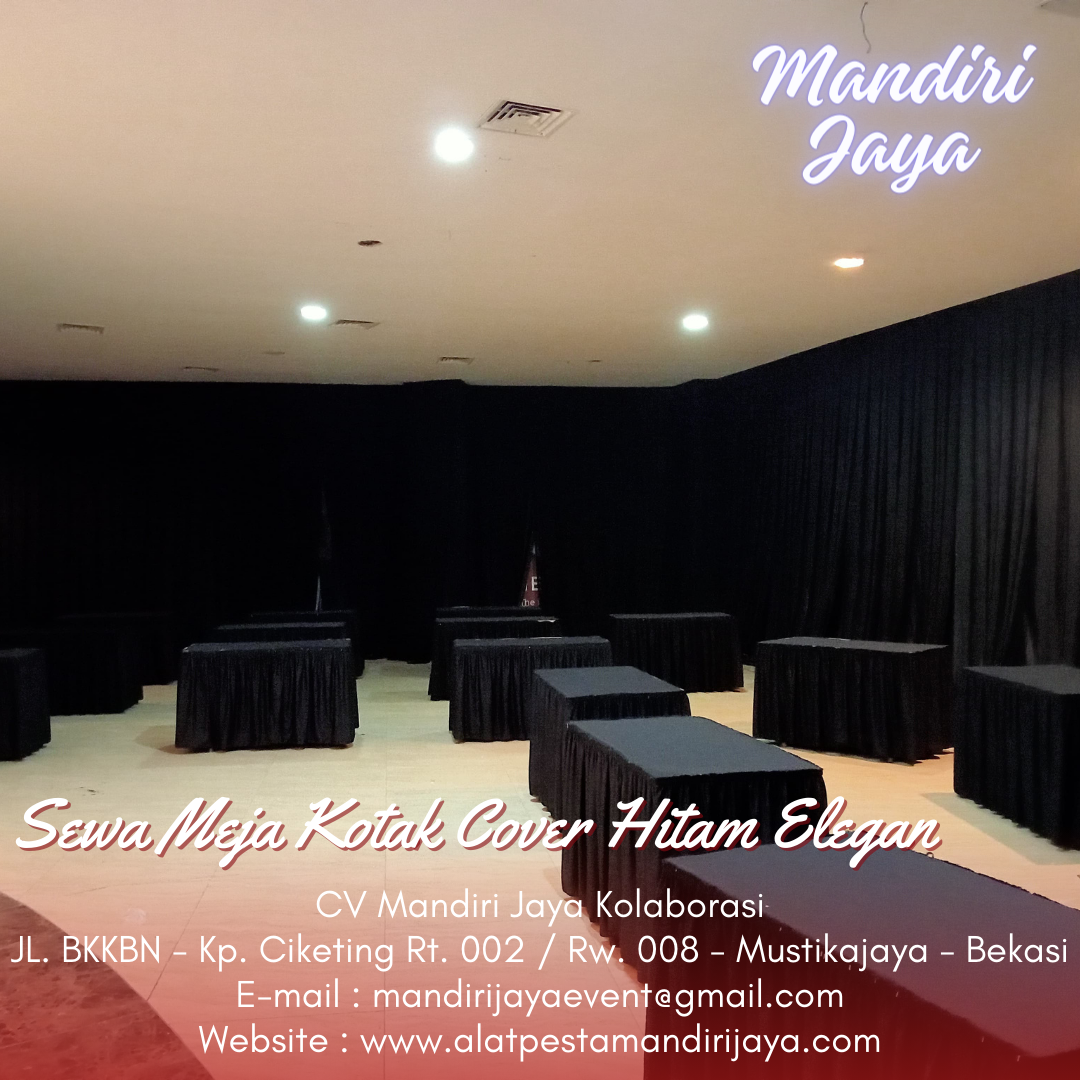 Sewa Meja Kotak Cover Hitam Elegan Event Cikarang