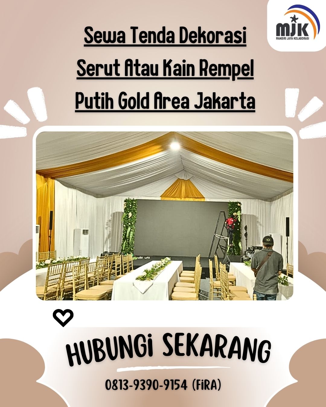 Sewa Tenda Dekorasi Serut Atau Kain Rempel Putih Gold Area Jakarta
